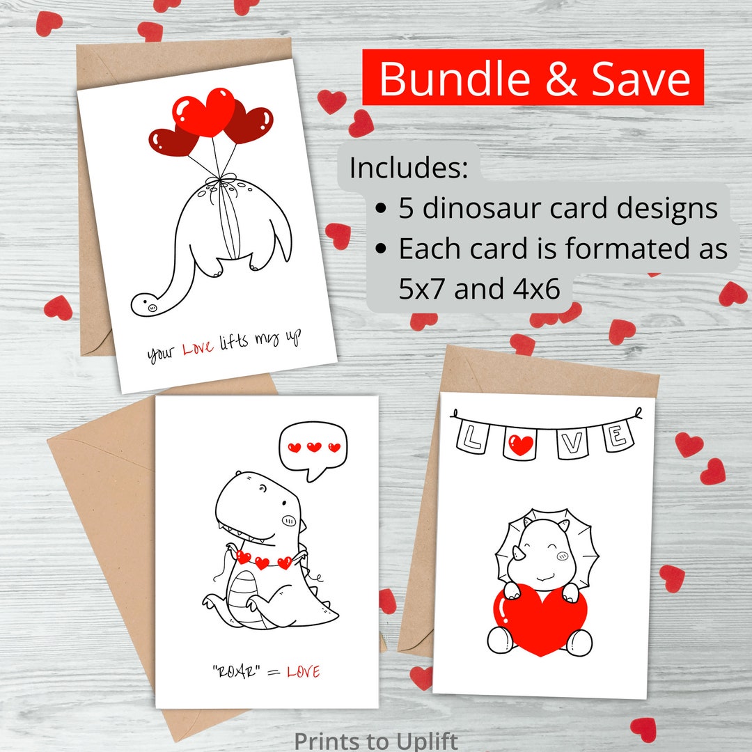 Dinosaur Love Cards, Printable, Set of Five, Dinosaurs and Red Hearts ...