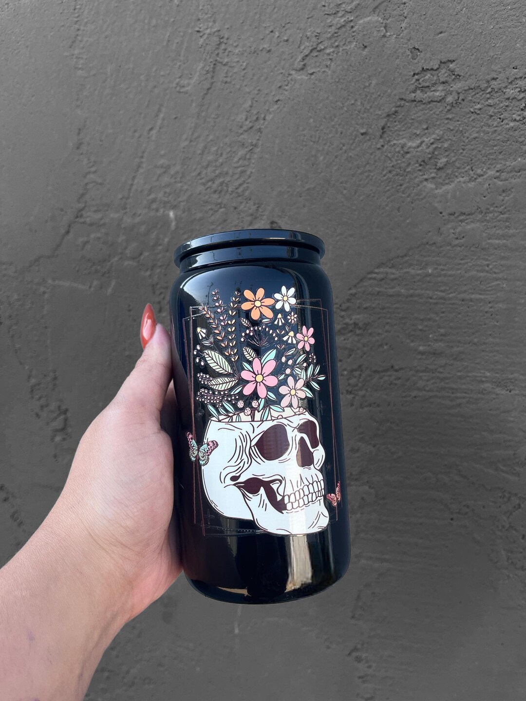 Floral Skull Glass Can,floral Skull, Flowers Glass Can , Skeleton Glass ...