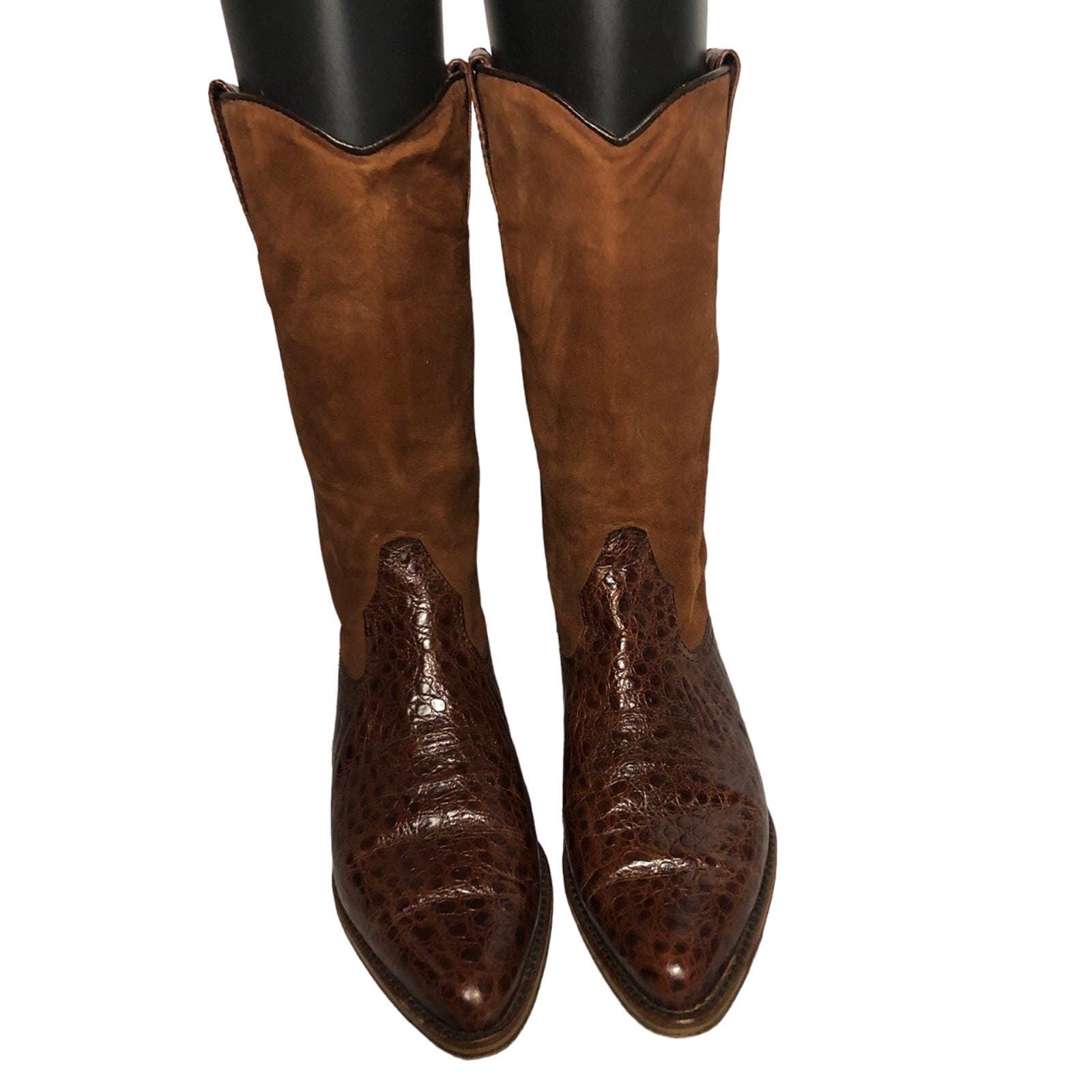 Vintage Armando Pollini Cowgirl Reptile & Suede Leather Brown Boots ...