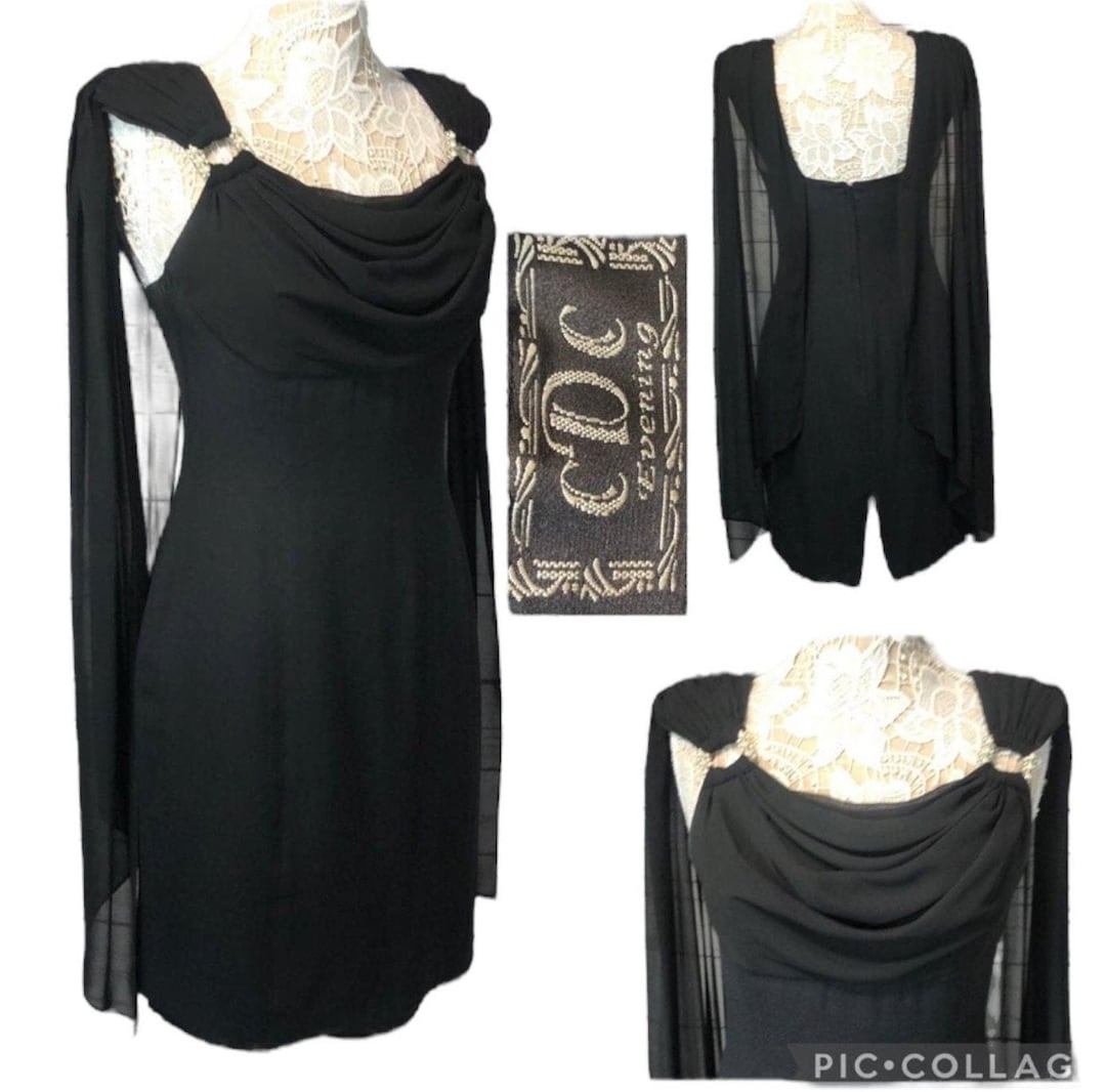 Vintage CDC Evening Black Formal Dress Chiffon Draped at Bust & Down ...