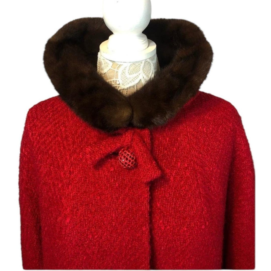 1950-60's Vintage Stroock Vintage Red Boucle Wool Fur Collar Coat Size ...