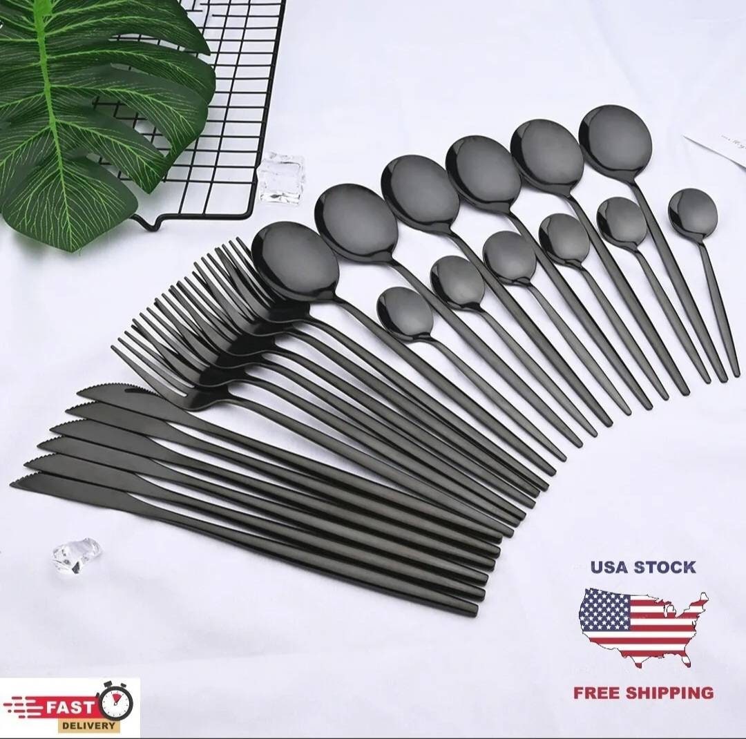 Western Dinnerware Set. 24pcs Flatware Cutlery Set Black Stainless ...