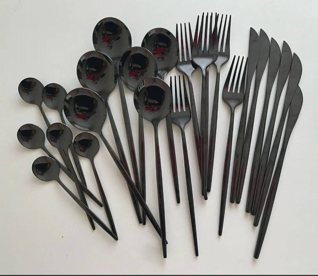 Western Dinnerware Set. 24pcs Flatware Cutlery Set Black Stainless ...