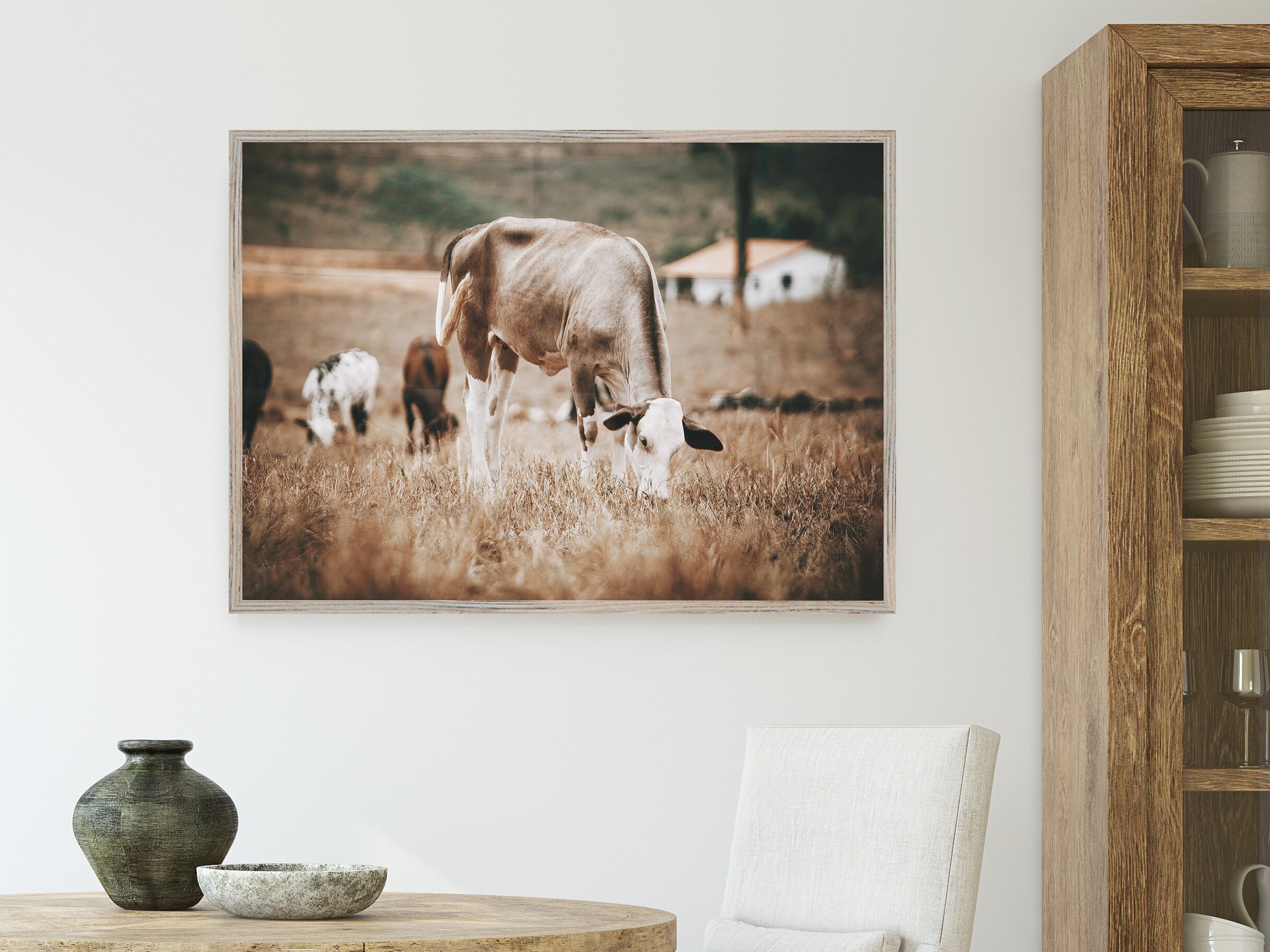 Cows Grazing Wheat, Beige Cow Print, Neutral Home Decor, Farm Scenery ...