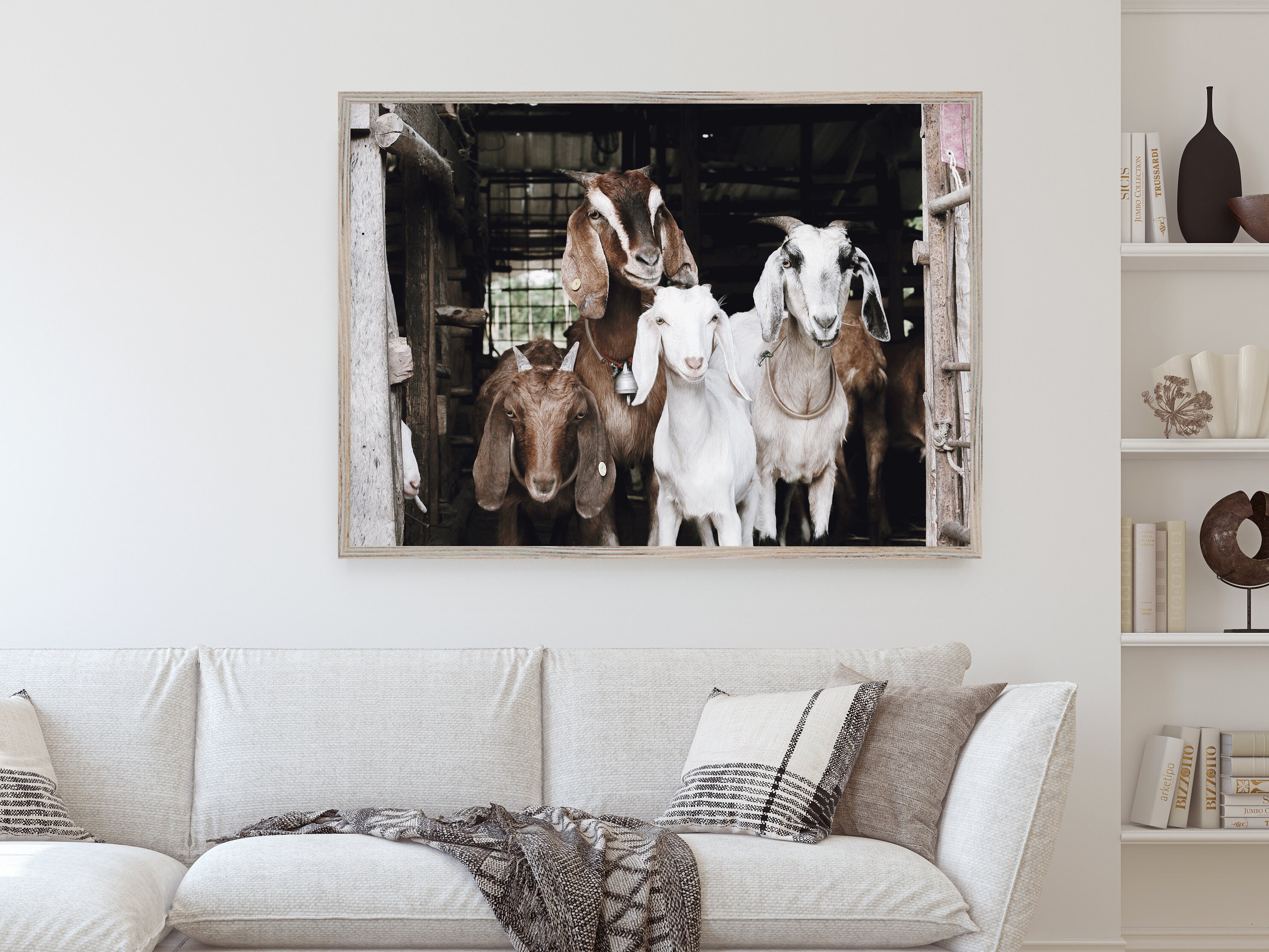 Goats in Barn, Four Goats at Barn Door, Rustic Goat Print, Farm Animal ...