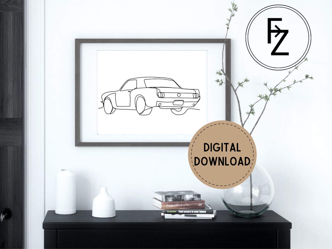 Minimalist Single Line Drawing 1965 Ford Mustang, Simple Line Art Car ...