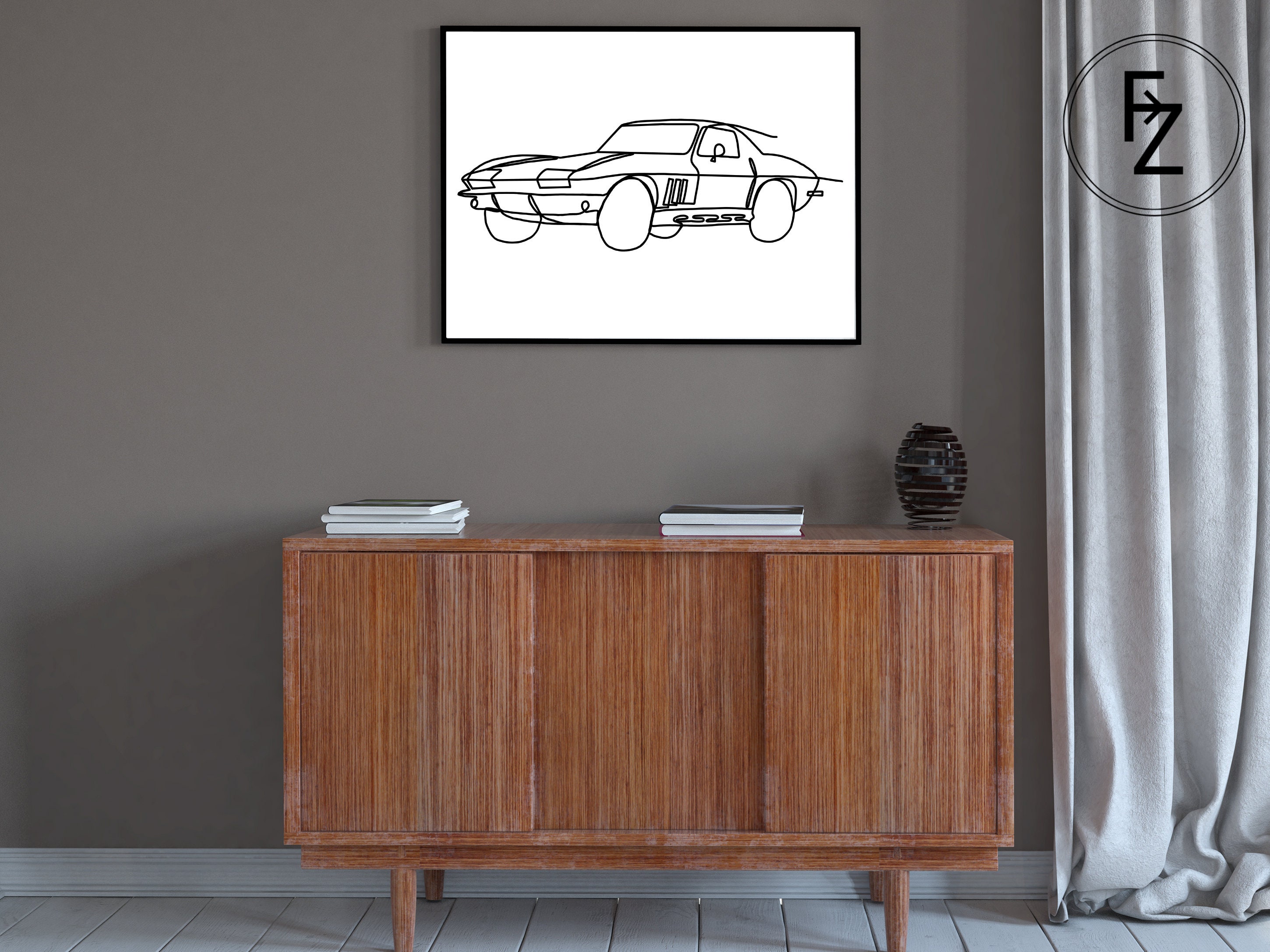 Minimalist Single Line Drawing 1965 Chevrolet Corvette, Simple Line Art ...