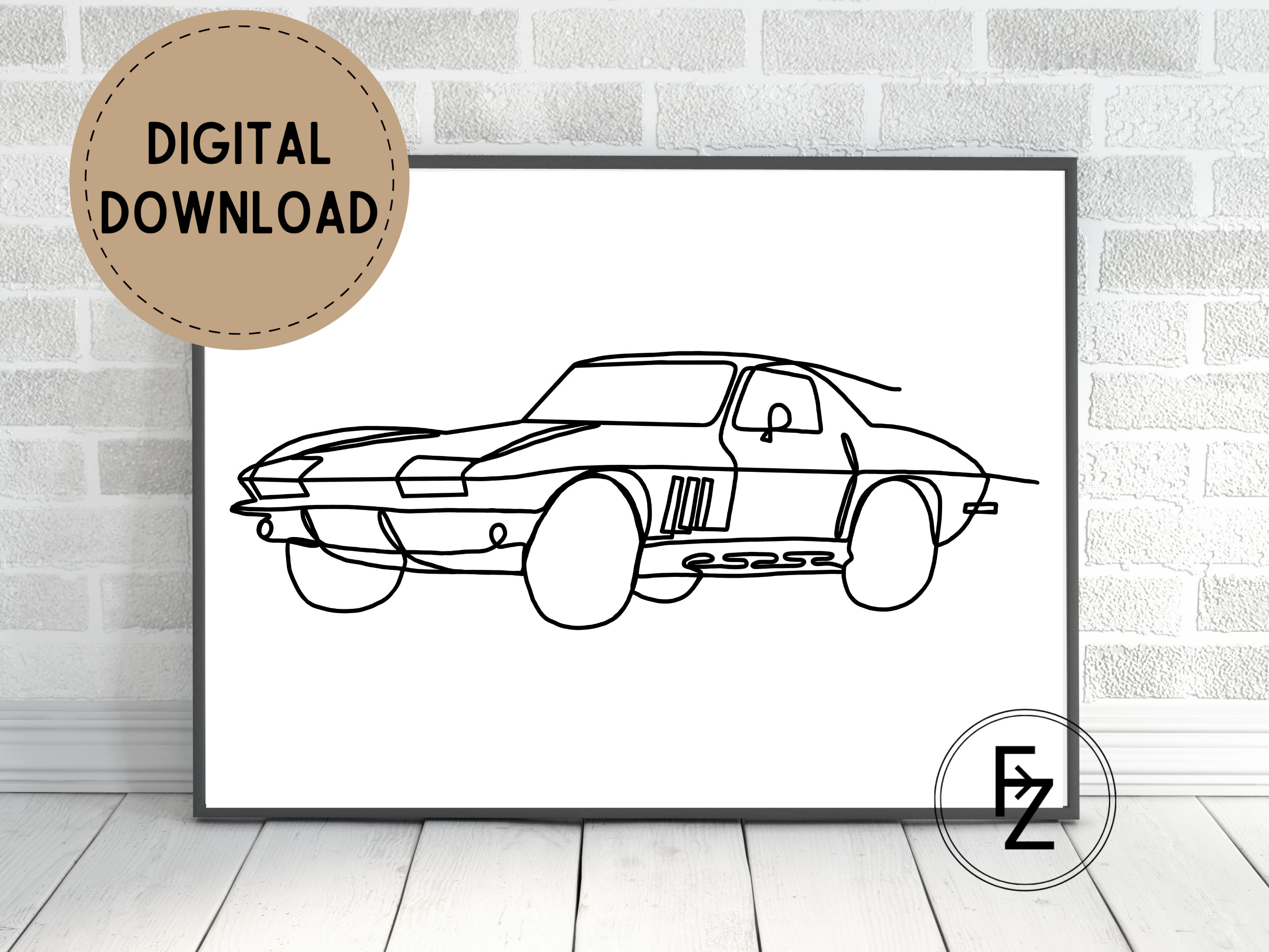 Minimalist Single Line Drawing 1965 Chevrolet Corvette, Simple Line Art ...