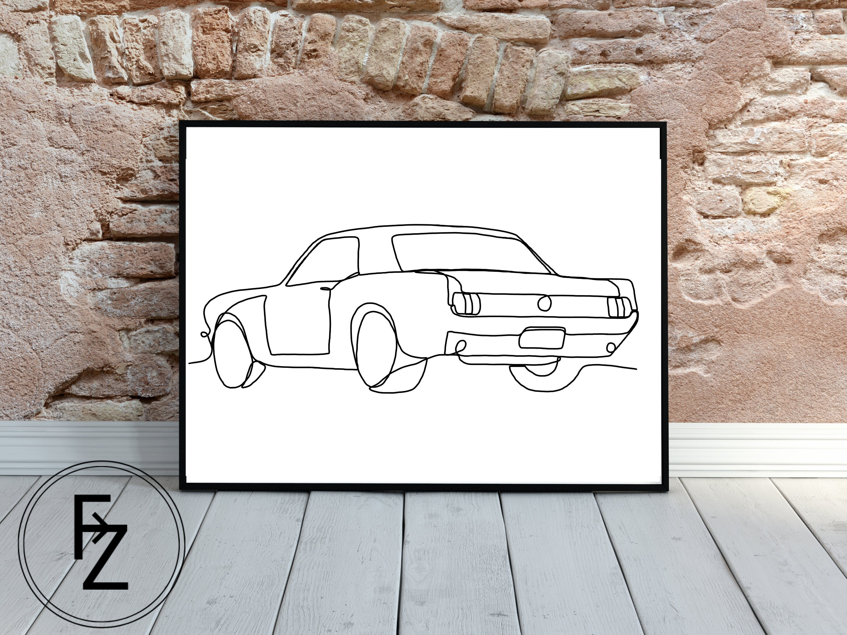 Minimalist Single Line Drawing 1965 Ford Mustang, Simple Line Art Car ...
