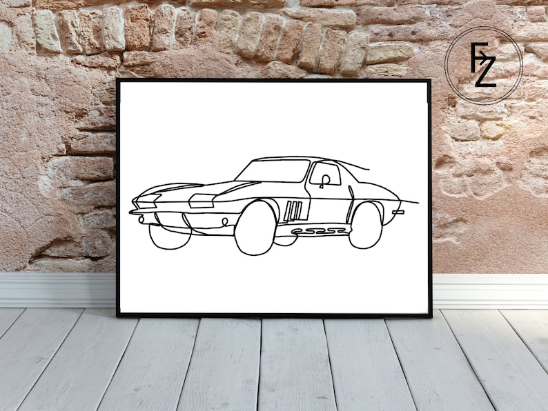 Minimalist Single Line Drawing 1965 Chevrolet Corvette, Simple Line Art ...