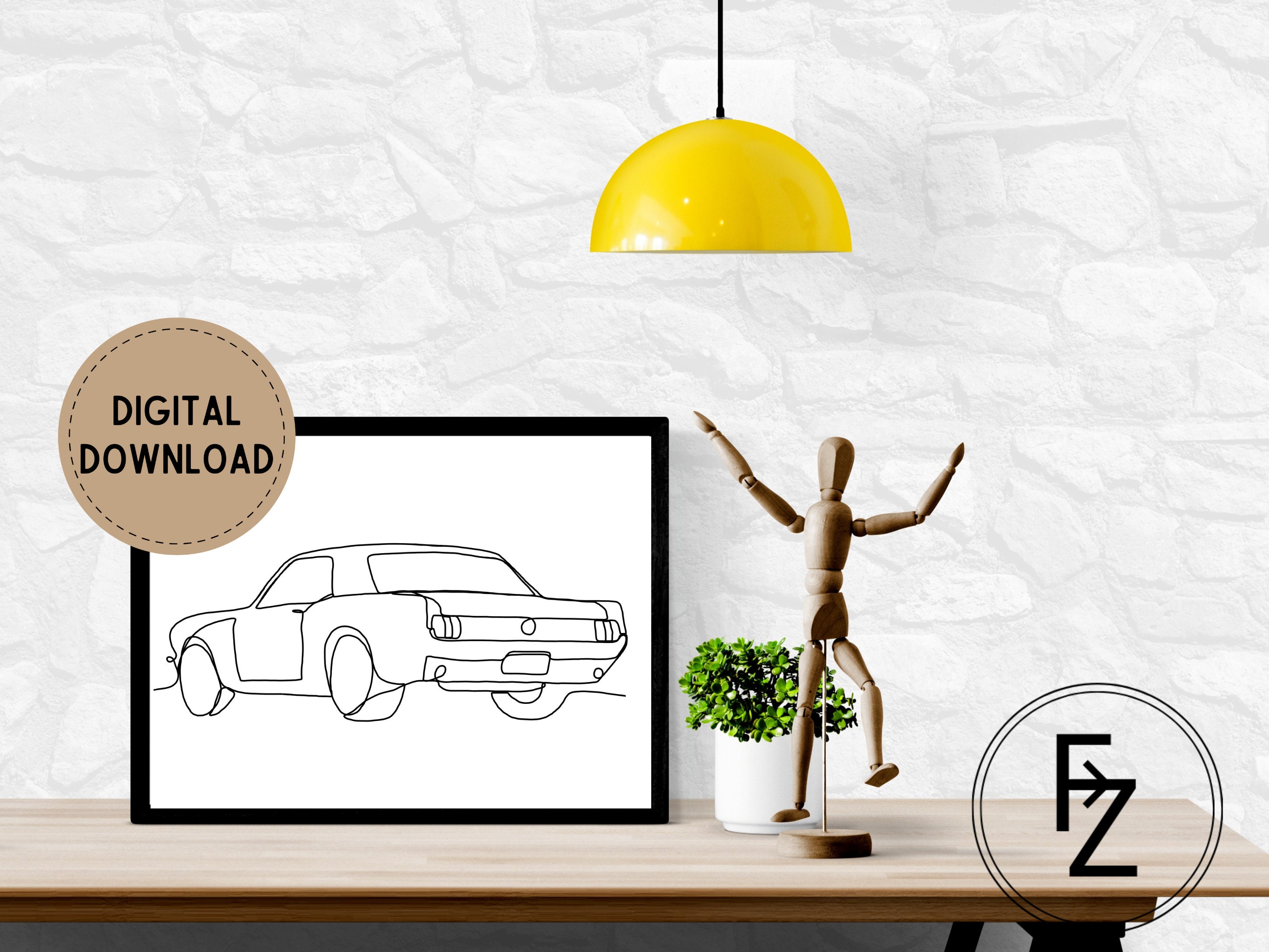 Minimalist Single Line Drawing 1965 Ford Mustang, Simple Line Art Car ...