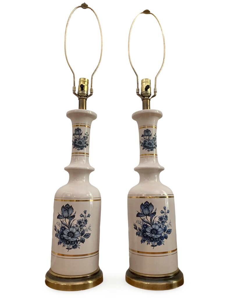 Vintage Pair of Charming Blue and White Porcelain Table Lamps With ...