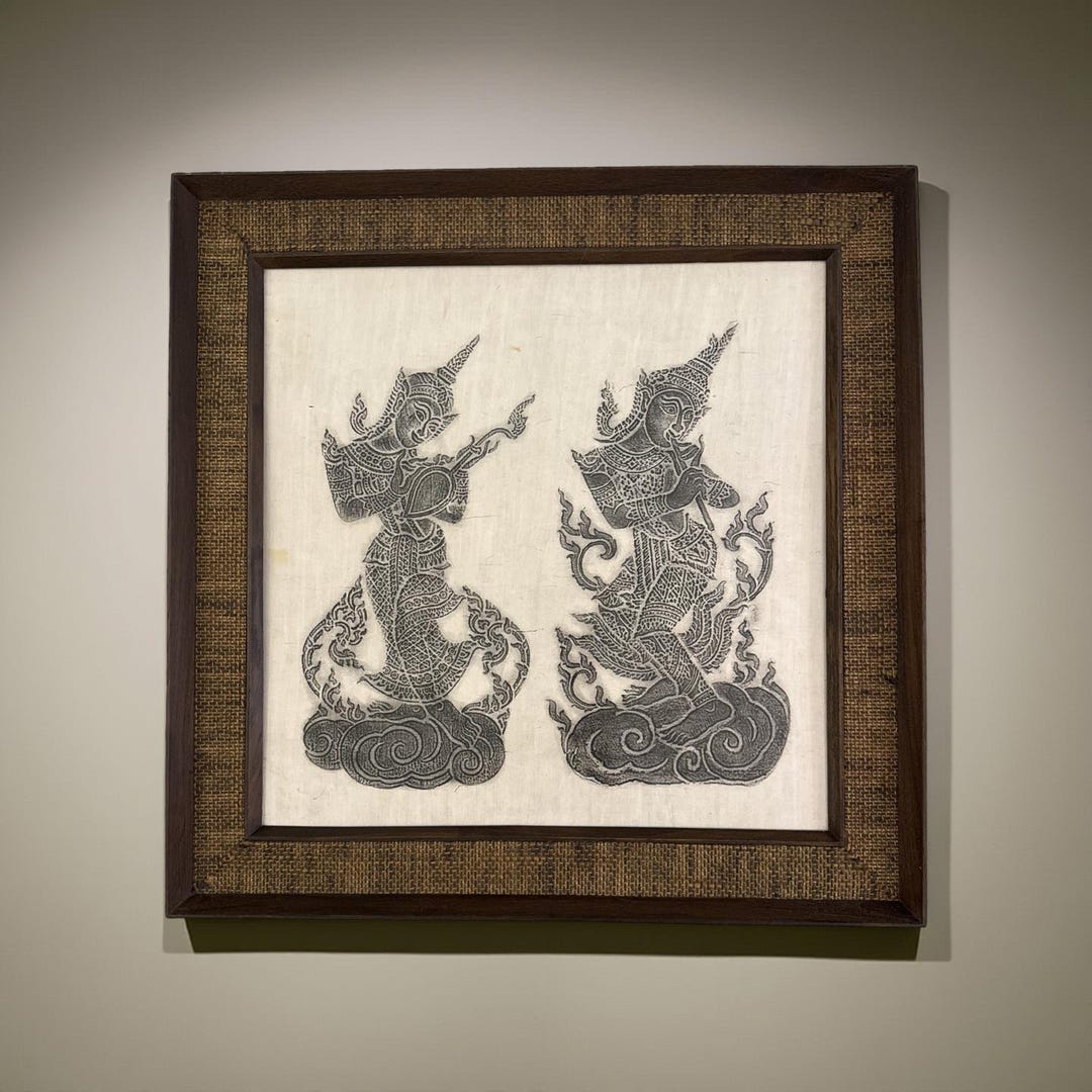 Vintage Thai Silk Etching – Twin Celestial Figures | Framed Asian Wall ...