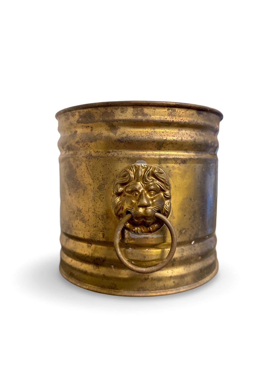 English Aged Brass Metal Planter Cachepot With Lion Head Ring Handles ...