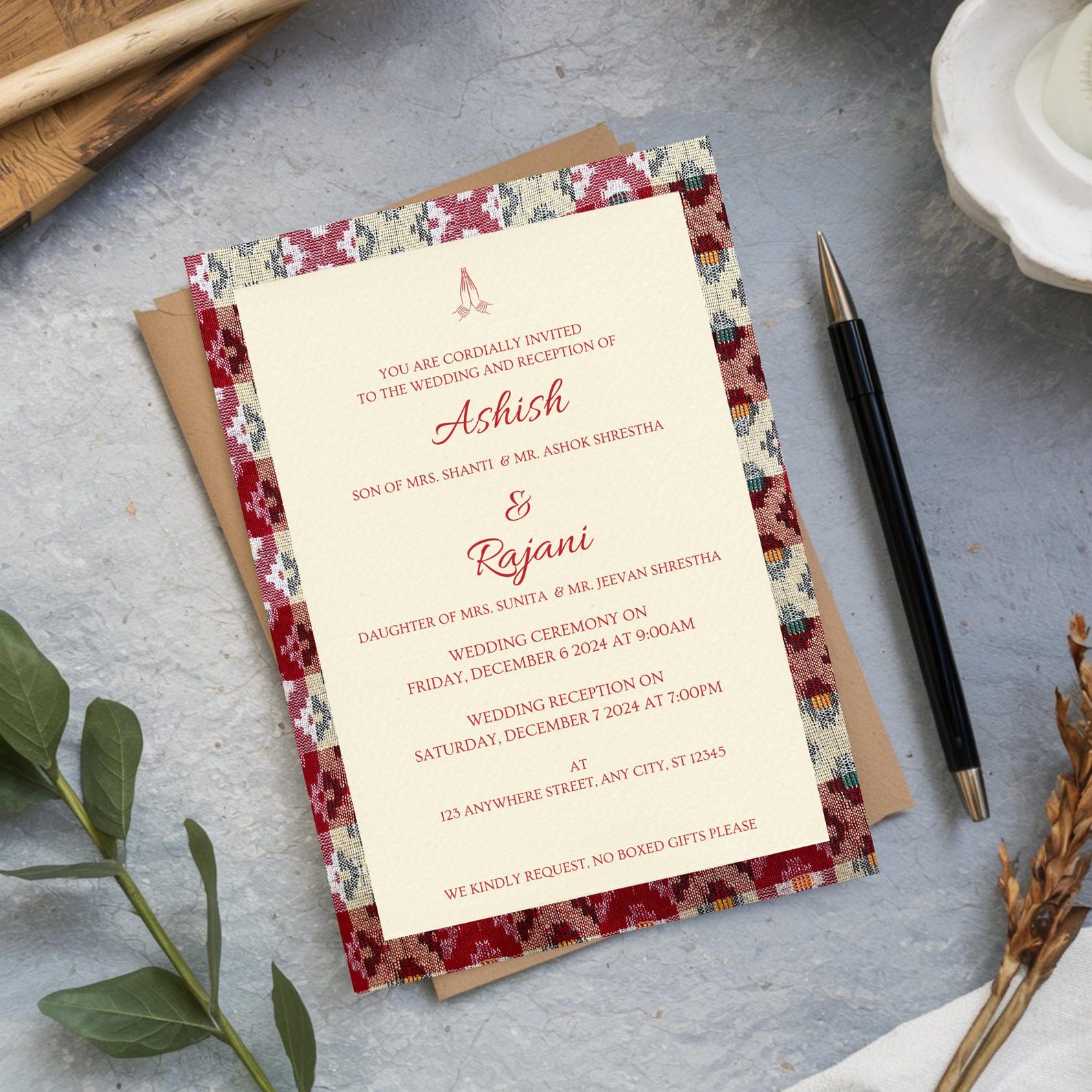 Nepali Wedding Invitation | Floral Dhaka Pattern Wedding Invitation ...