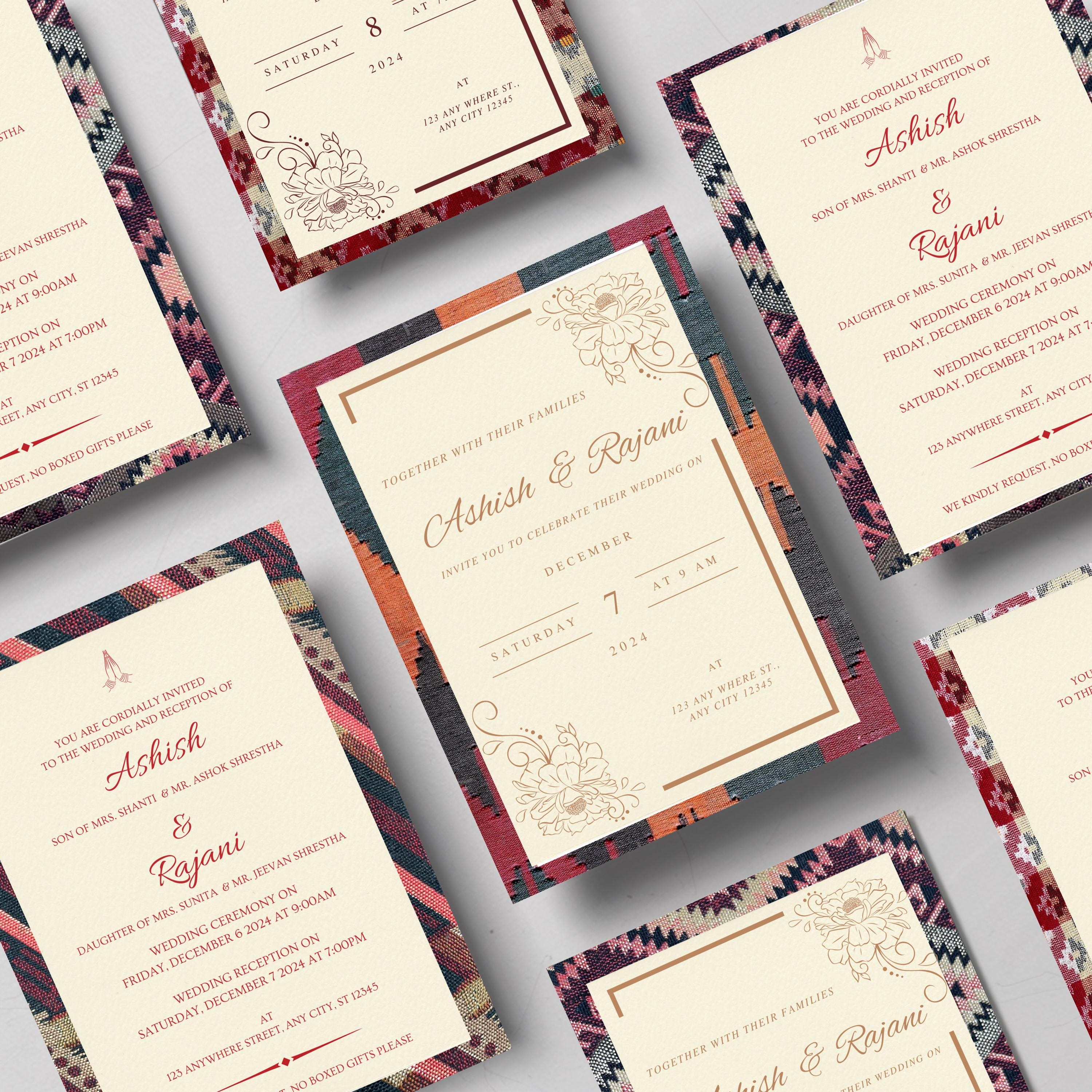 Nepali Wedding Invitation | Floral Dhaka Pattern Wedding Invitation ...