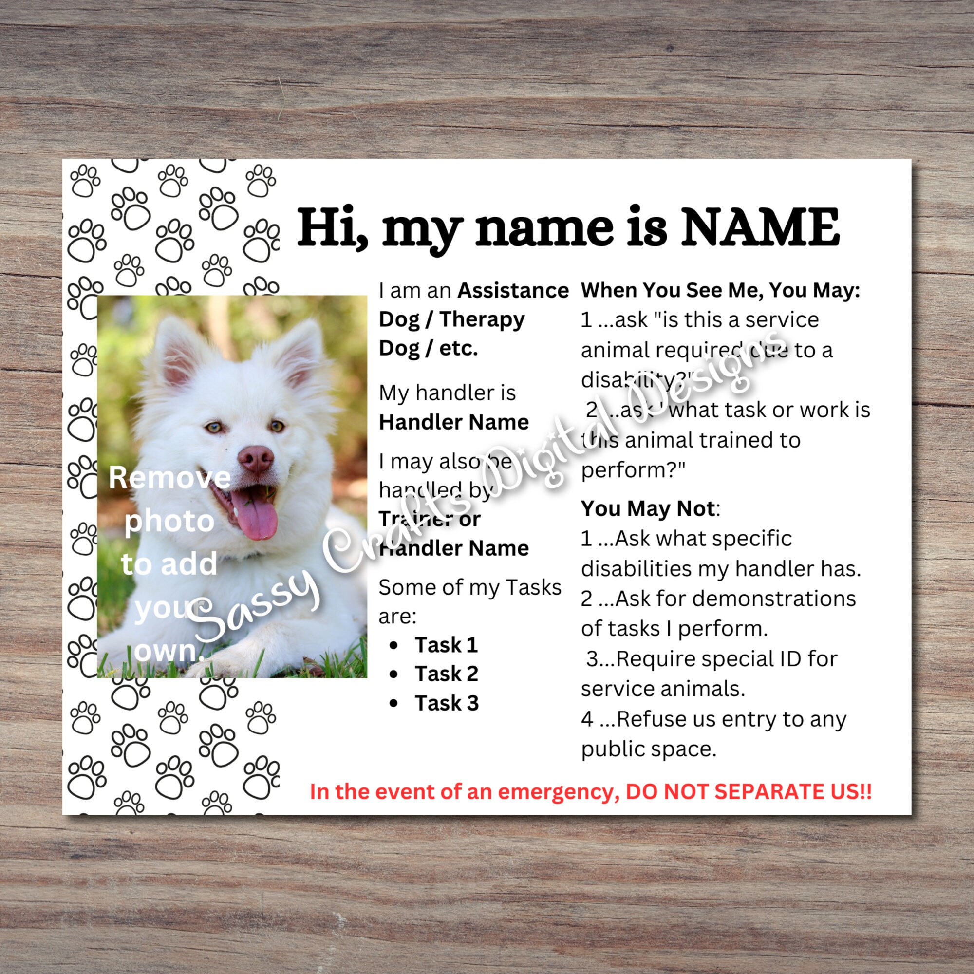 Public Access Laws Card Assistance Dog Information Card Large Size ...