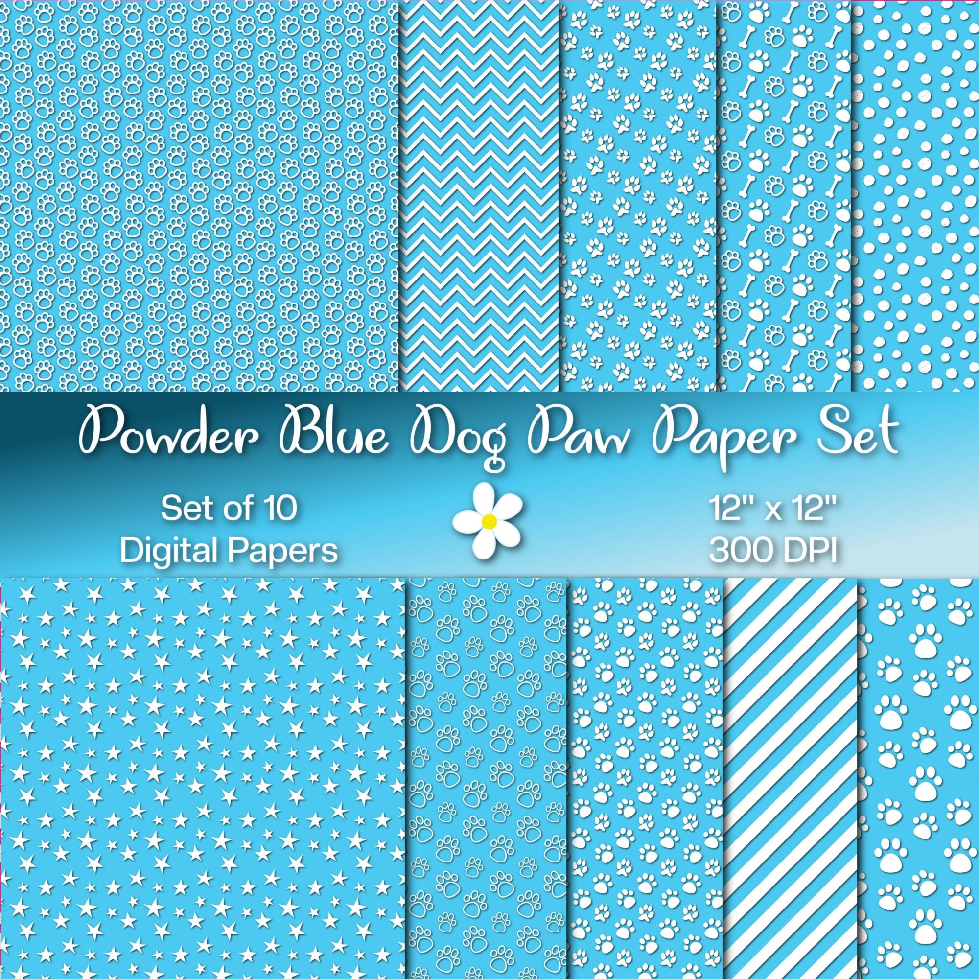 Powder Blue Dog Paw Digital Paper Set, Instant Download, 300 DPI Paper ...