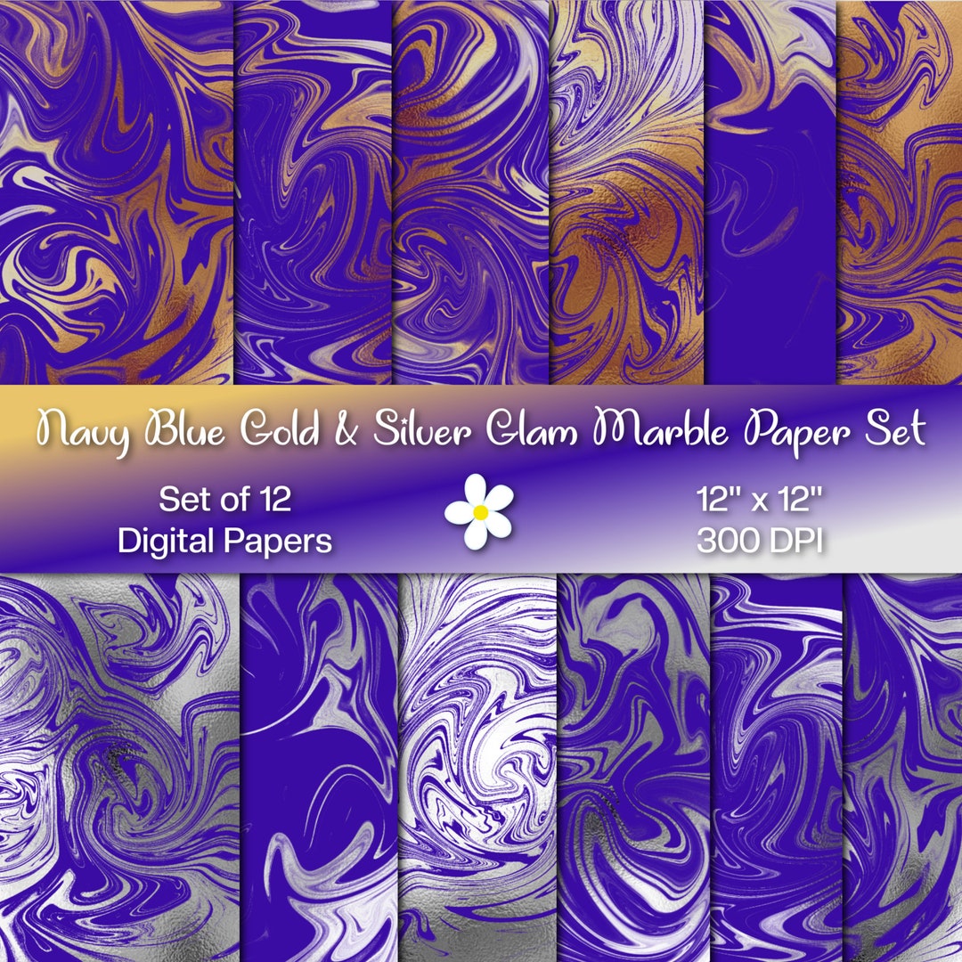 Navy Blue Gold & Silver Glam Marble Digital Paper Set, Instant Download ...