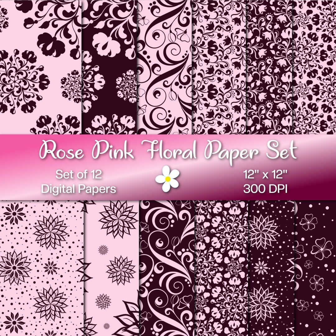 Rose Pink Floral Digital Paper Set, Instant Download, 300 DPI Paper ...