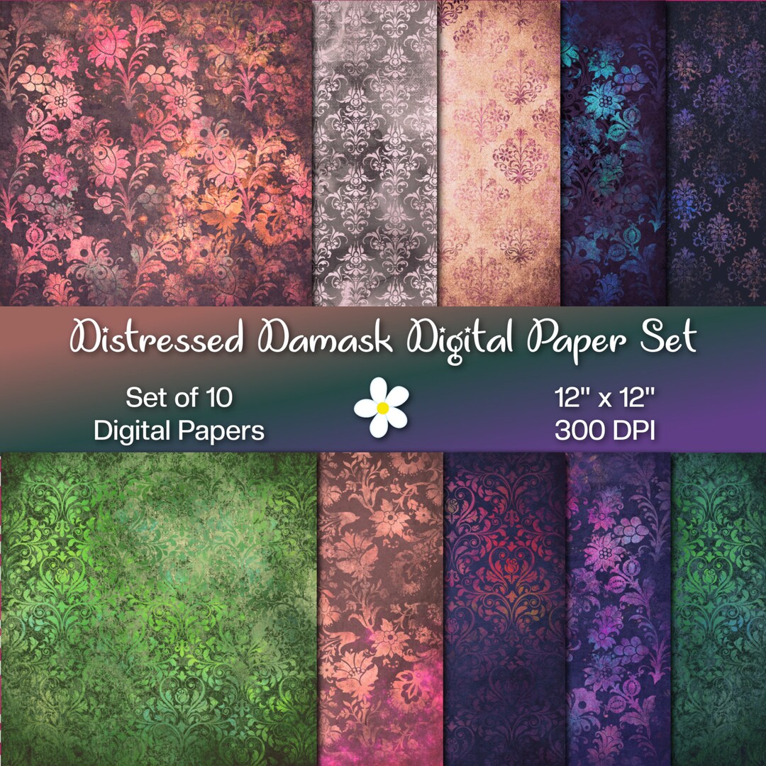 Distressed Grunge Damask Digital Paper Set, Gold Stars Paper Set ...