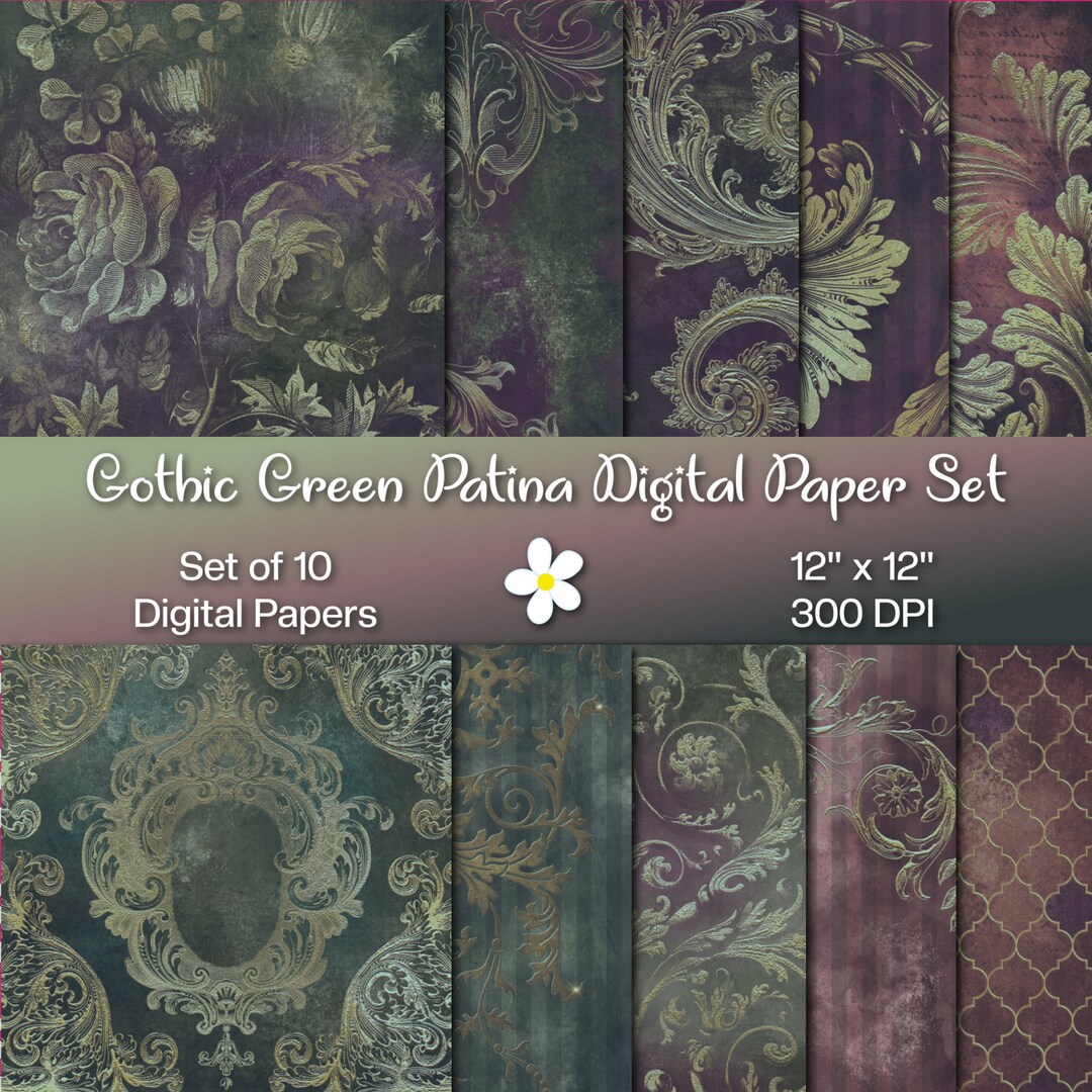 Dark Gothic Green Digital Paper Set, Medieval, Emerald Green, Instant ...