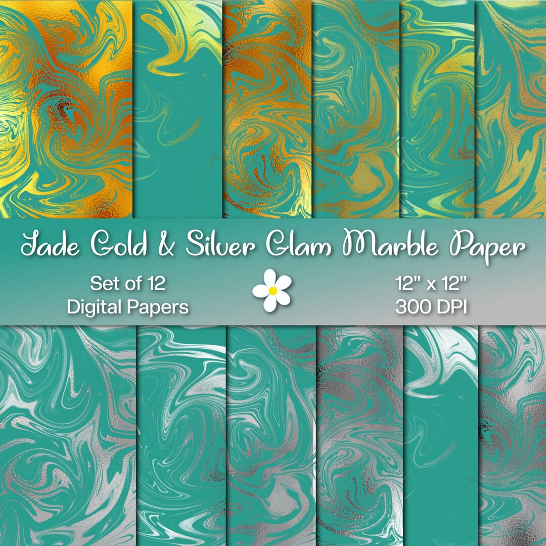 Jade Gold & Silver Glam Marble Digital Paper Set, Instant Download, 300 ...