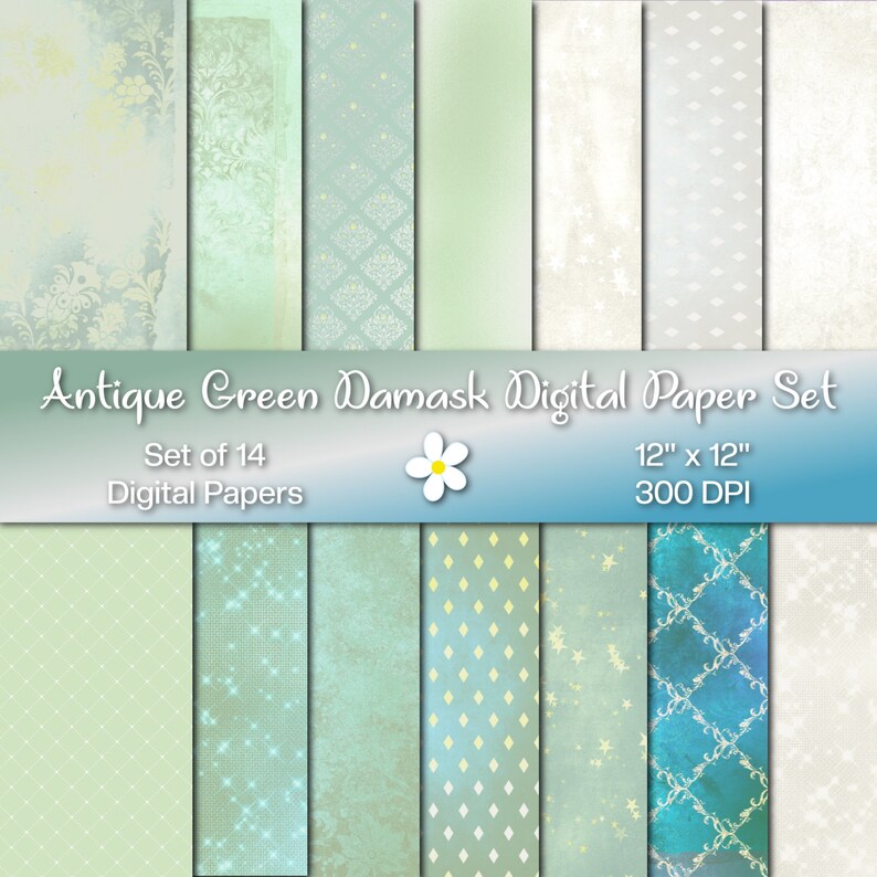 Antique Green Damask Digital Paper Set, 300 DPI Paper, Set of 14 Papers ...