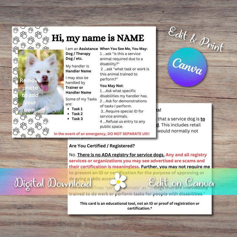 Public Access Laws Card Assistance Dog Information Card Large Size ...