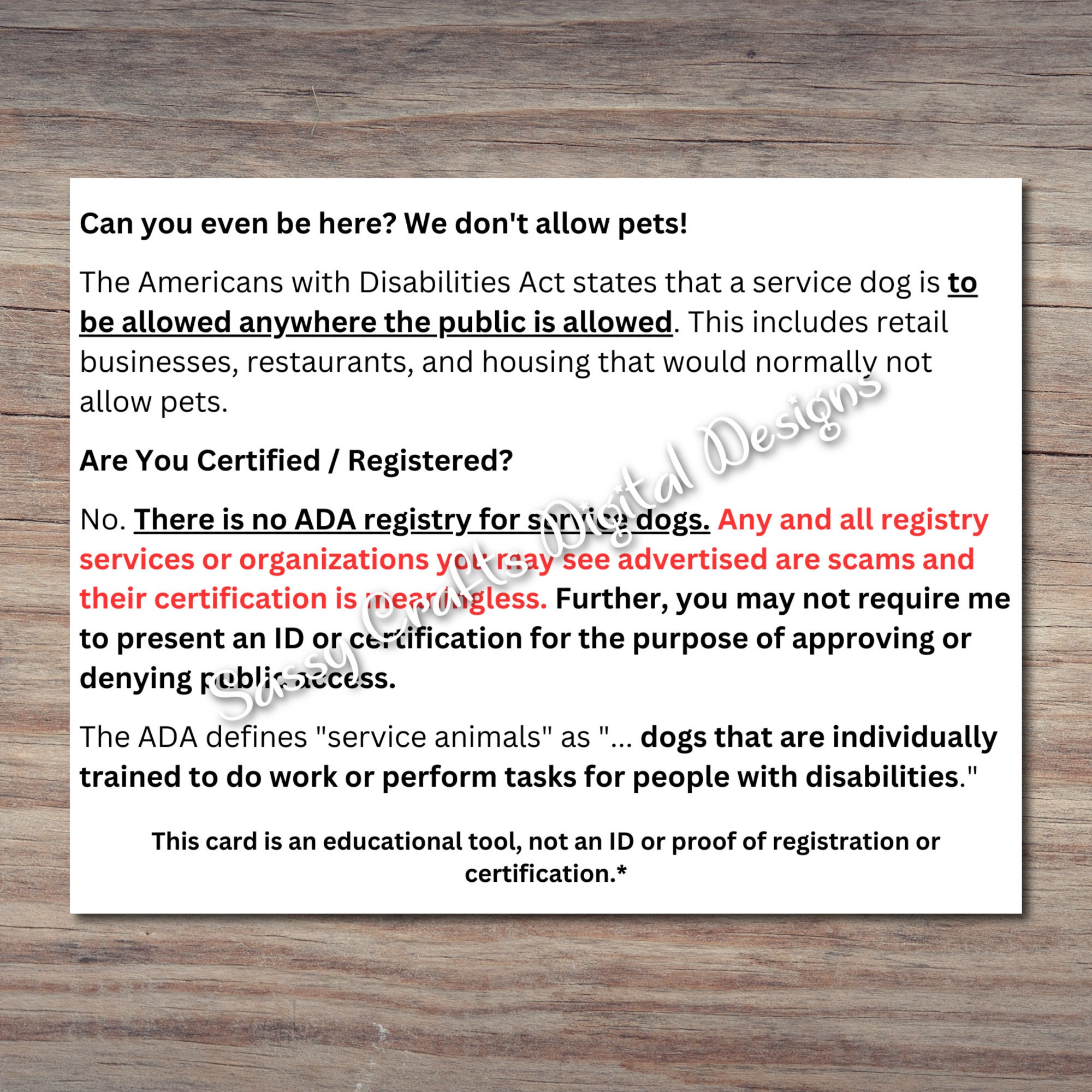 Public Access Laws Card Assistance Dog Information Card Large Size ...