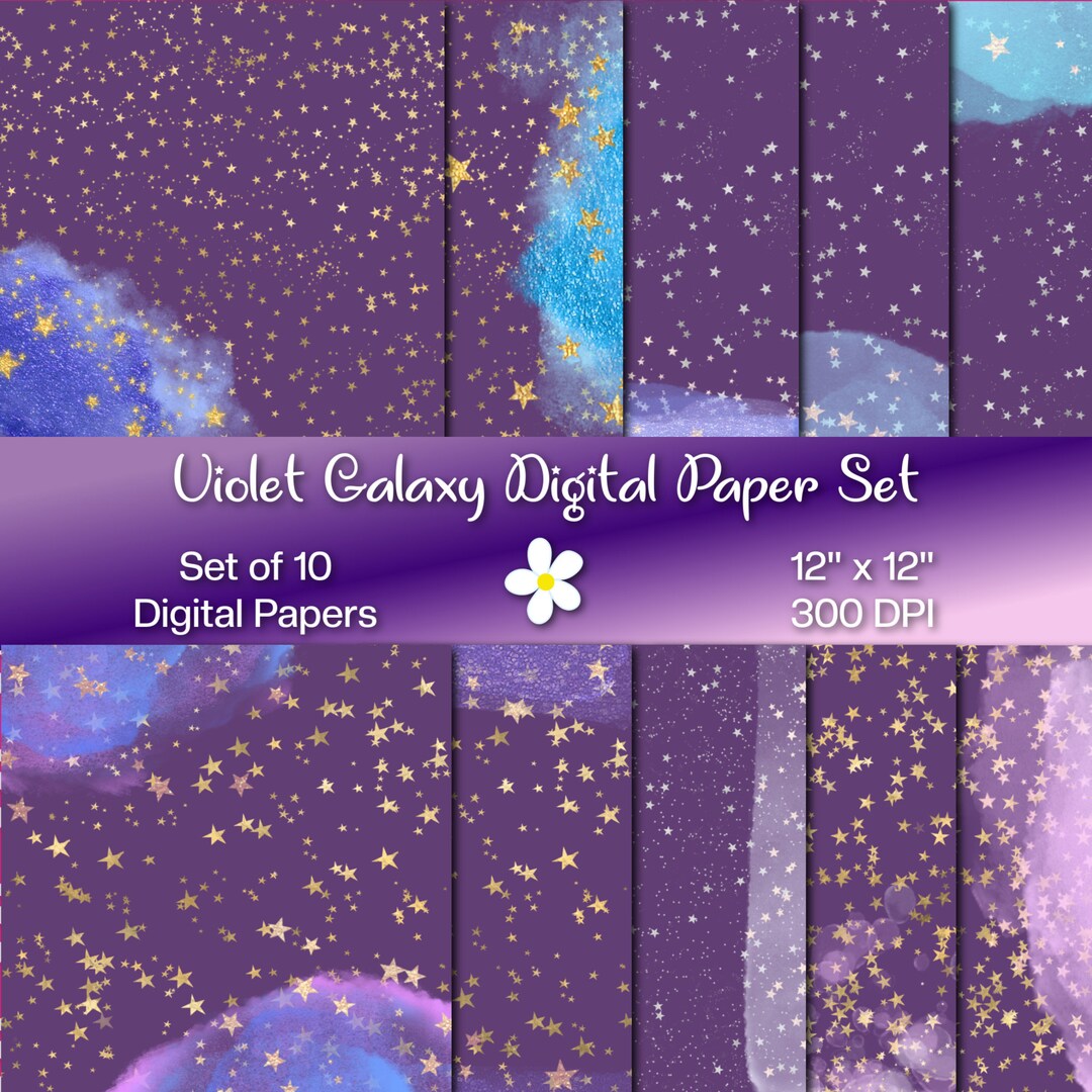 Violet Galaxy Digital Paper Set, Gold Stars Paper Set, Instant Download ...