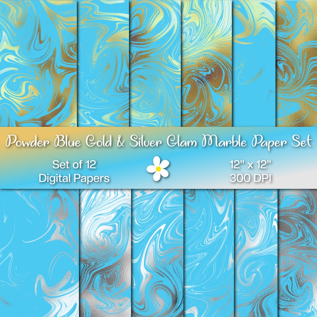 Powder Blue Gold & Silver Glam Marble Digital Paper Set, Instant ...