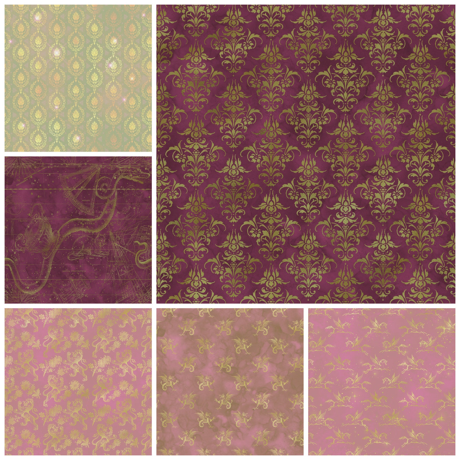Gothic Violet & Green Damask Digital Paper, Instant Download, 300 DPI ...