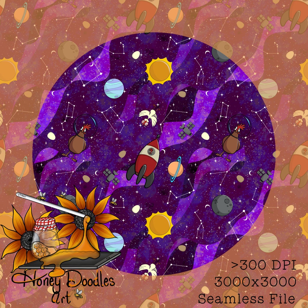 Chickens in Space, Purple Cartoon Galaxy, Seamless File, Digital Paper ...