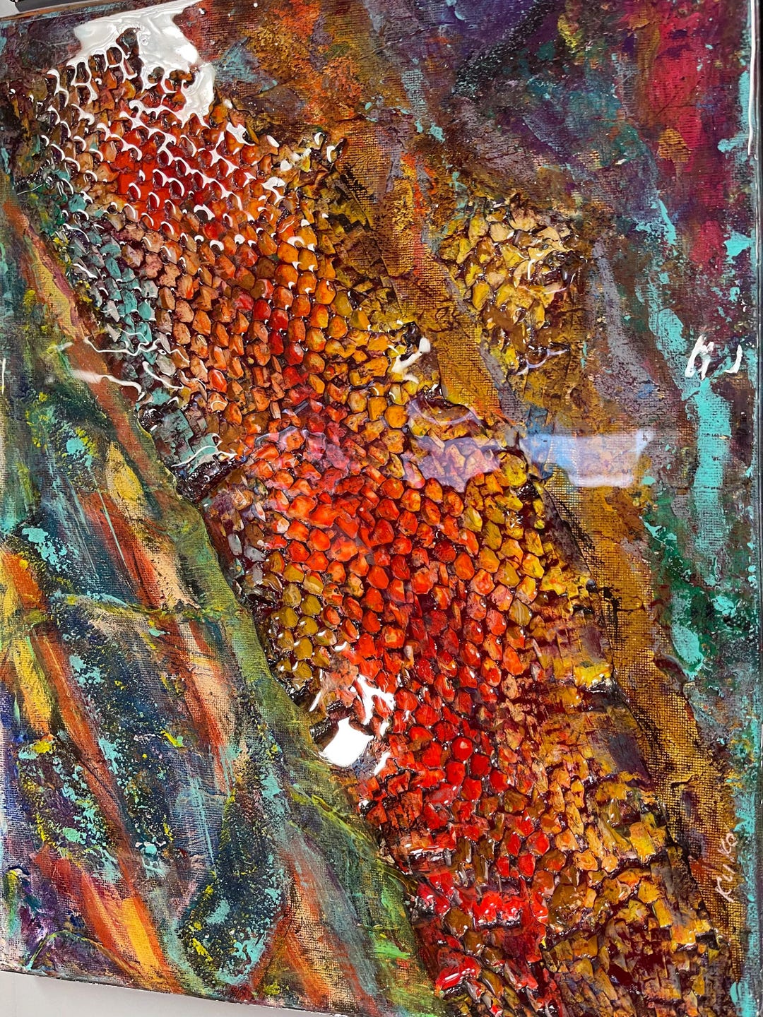 Luxury Snake Skin Texture Painting Green Yellow Ochre Red Abstract Art ...