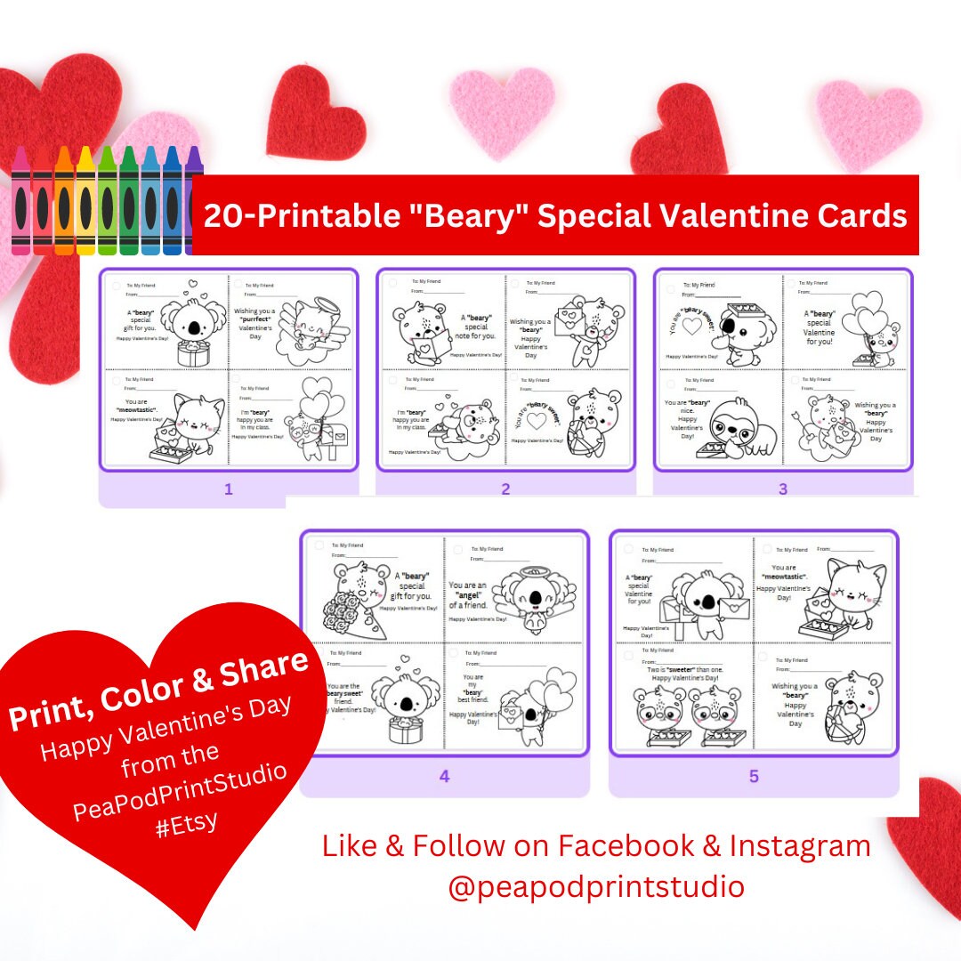20-printable Valentine Cards-coloring Sheets-party Favors - Etsy UK