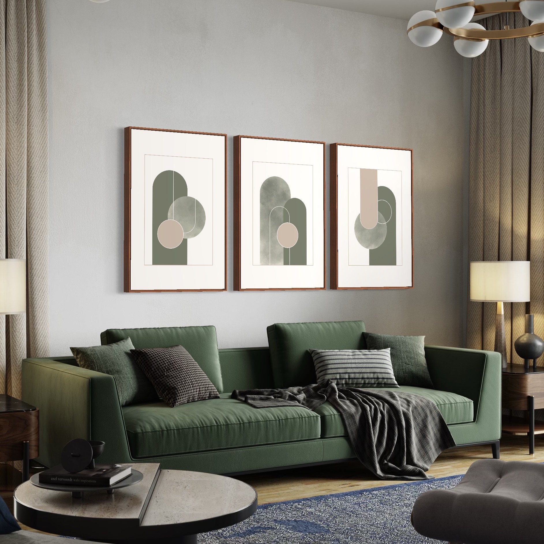 Mid Century Modern Abstract Printable Wall Art Set of 3, Green & Beige ...