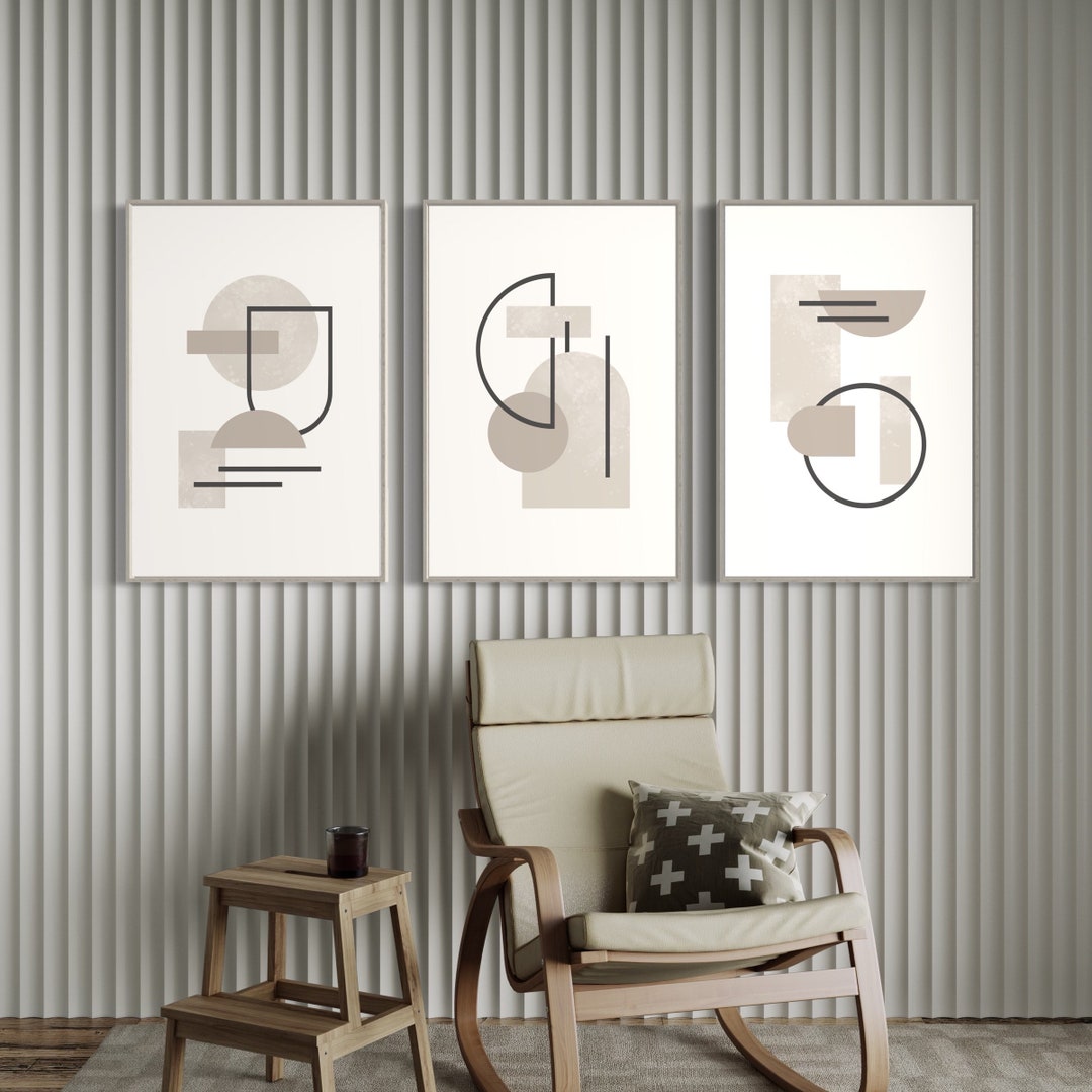Mid Century Modern Abstract Print Set, Beige Geometric Wall Art ...