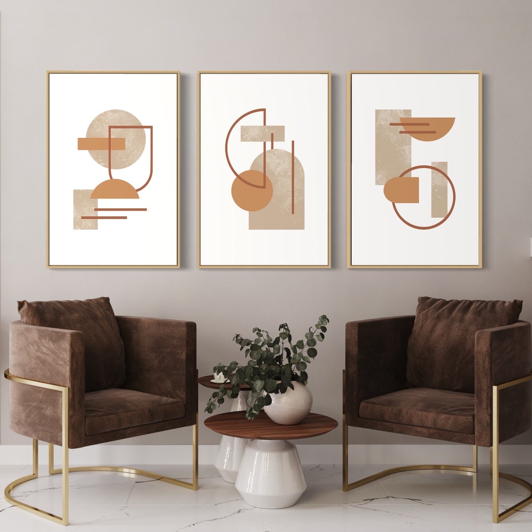 Mid Century Modern Geometric Print Set, Burnt Orange Beige, Abstract ...