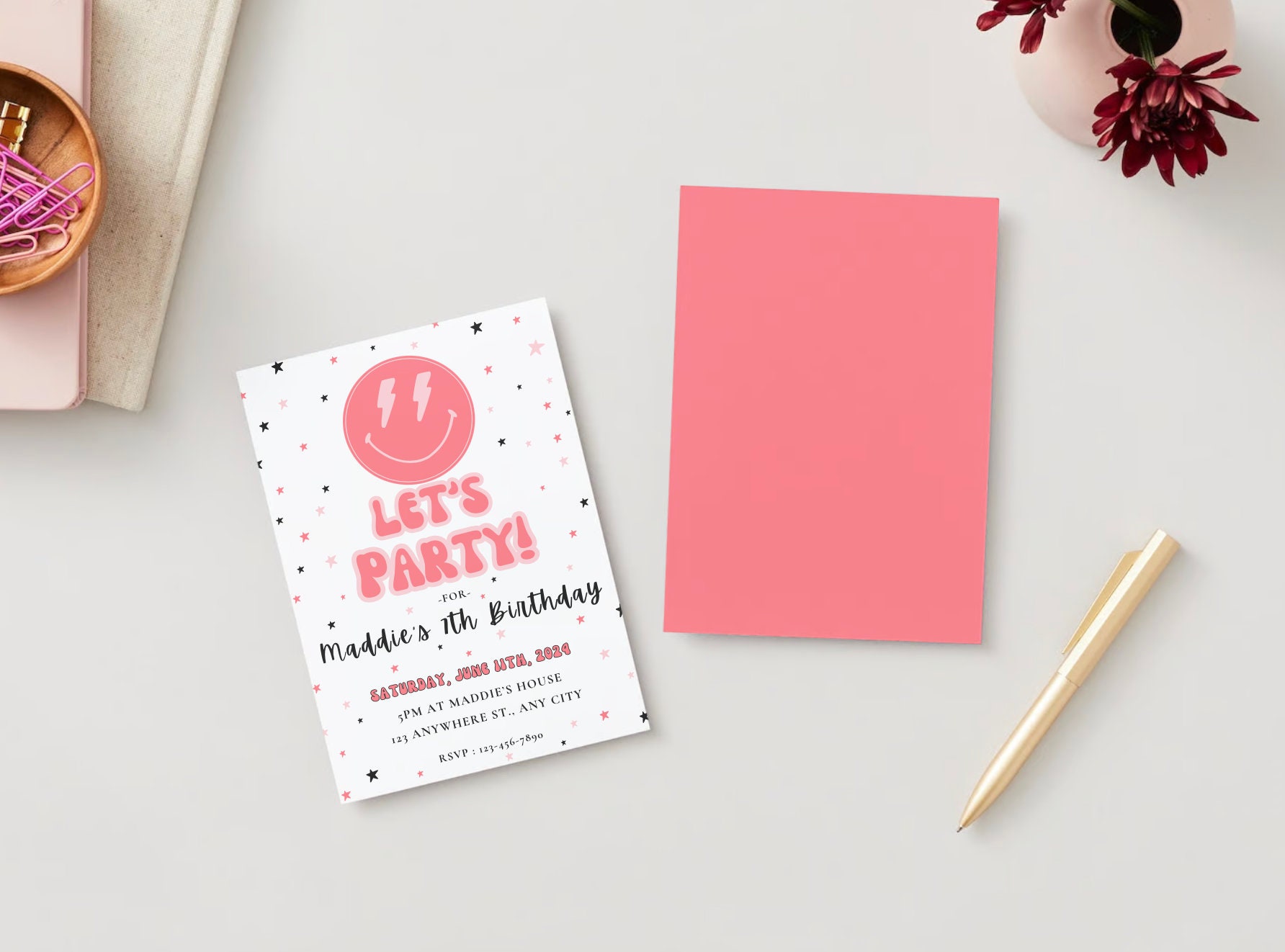 Smiley Face Girls Birthday Invite, Invitation, Digital Birthday ...