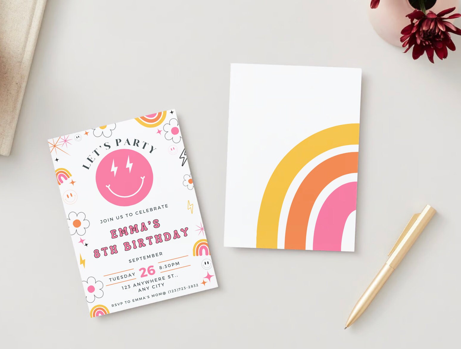 Pink Groovy Smiley Face Birthday Party Invitation, Happy Face Invite ...