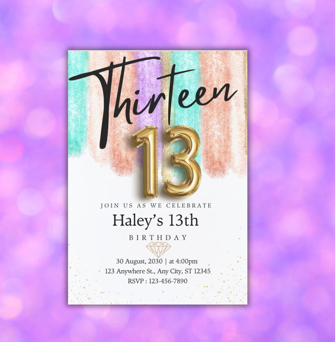 Thirteenth Birthday Invitation Card Girl 13th Birthday Happy - Etsy