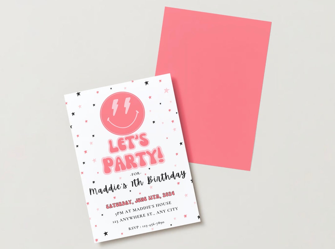 Smiley Face Girls Birthday Invite, Invitation, Digital Birthday ...