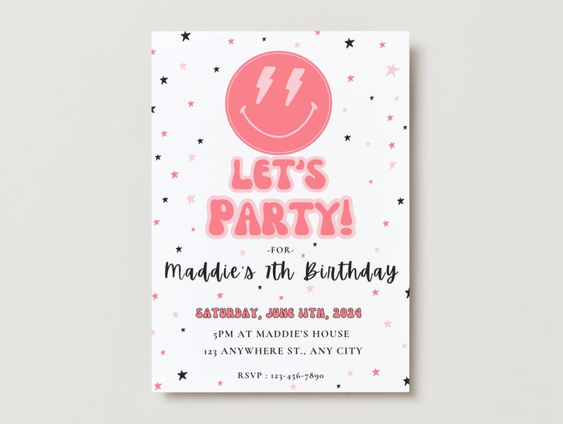 Smiley Face Girls Birthday Invite, Invitation, Digital Birthday ...
