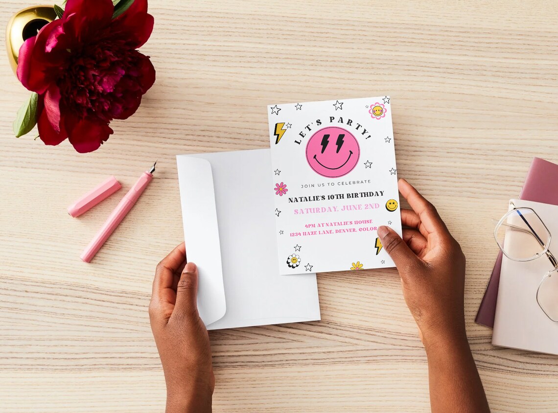 Smiley Face Invitation, Girls Retro Theme Birthday Party, Birthday ...