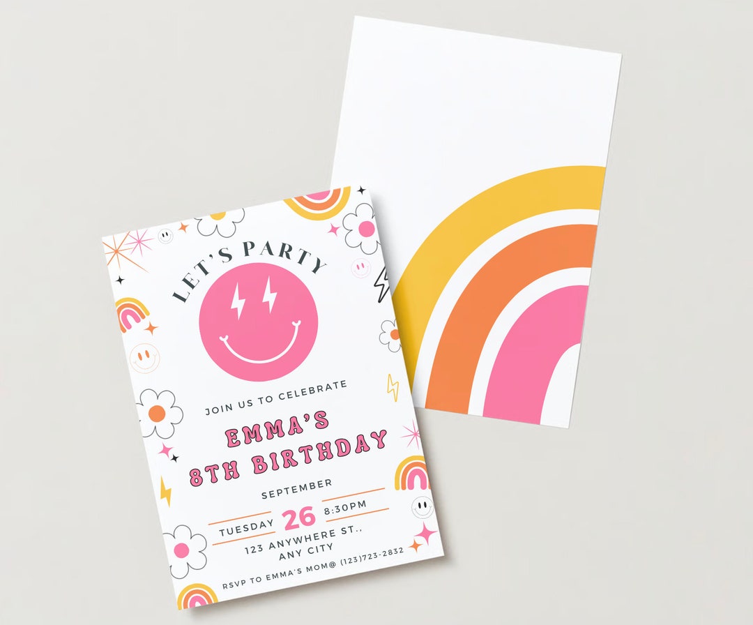 Pink Groovy Smiley Face Birthday Party Invitation, Happy Face Invite ...