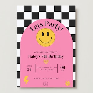 Smiley Face Invitation, Girls Retro Theme Birthday Party, Birthday ...
