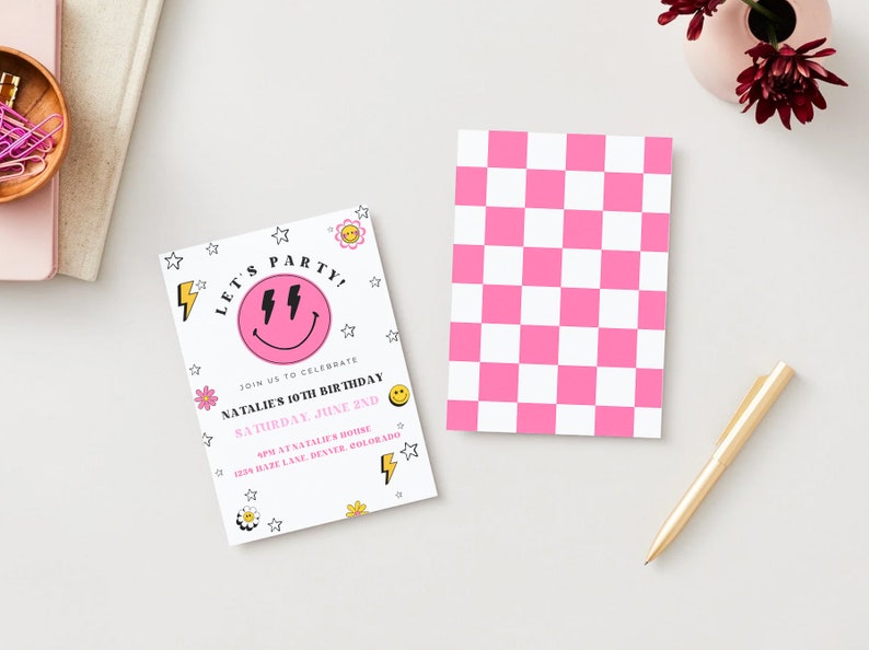 Smiley Face Invitation, Girls Retro Theme Birthday Party, Birthday ...
