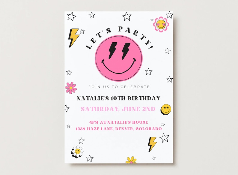 Smiley Face Invitation, Girls Retro Theme Birthday Party, Birthday ...