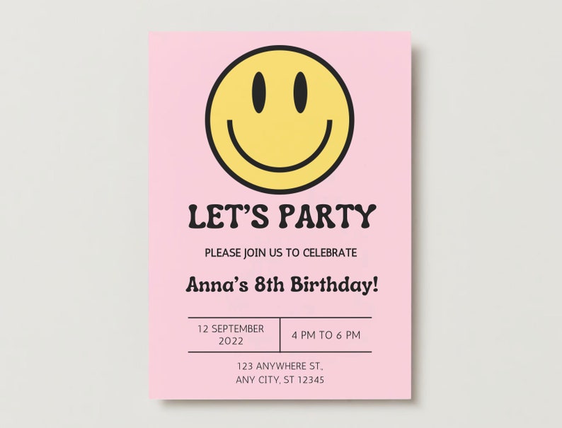 Retro Smiley Birthday Invitation, Happy Face Birthday Invite, Smiley ...